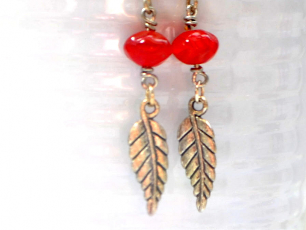 Feather Earrings, Dangle Earrings, 2 inch Earrings, Red Silver Handmade ...